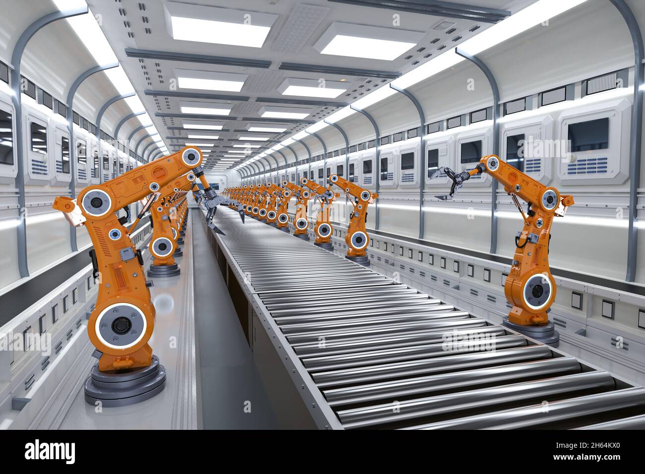 Automation Industry Concept With 3d Rendering Robot Assembly Line In