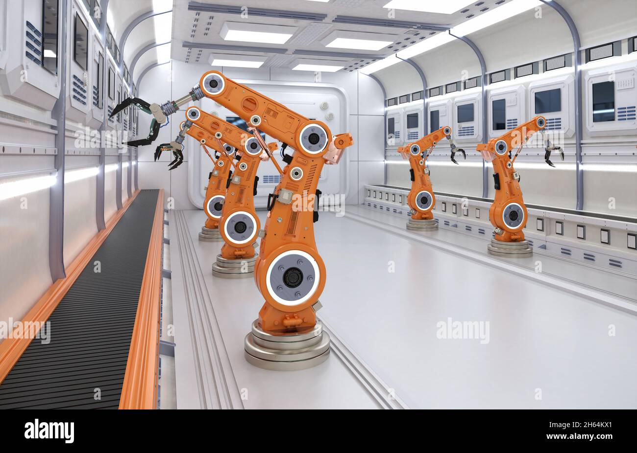 Automation industry concept with 3d rendering robot assembly line in ...