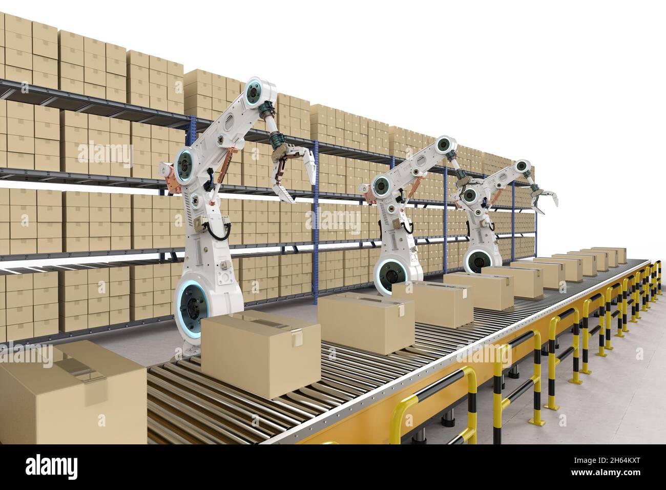 Automation factory concept with 3d rendering robot with boxes on ...