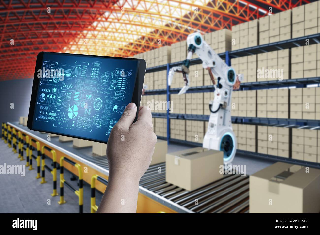 Technician control 3d rendering automation robot in factory Stock Photo - Alamy