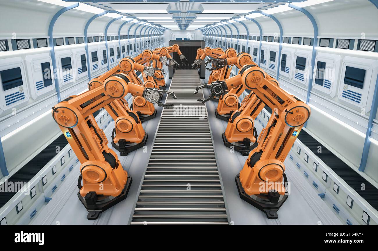 Automation industry concept with 3d rendering robot assembly line in factory Stock Photo - Alamy