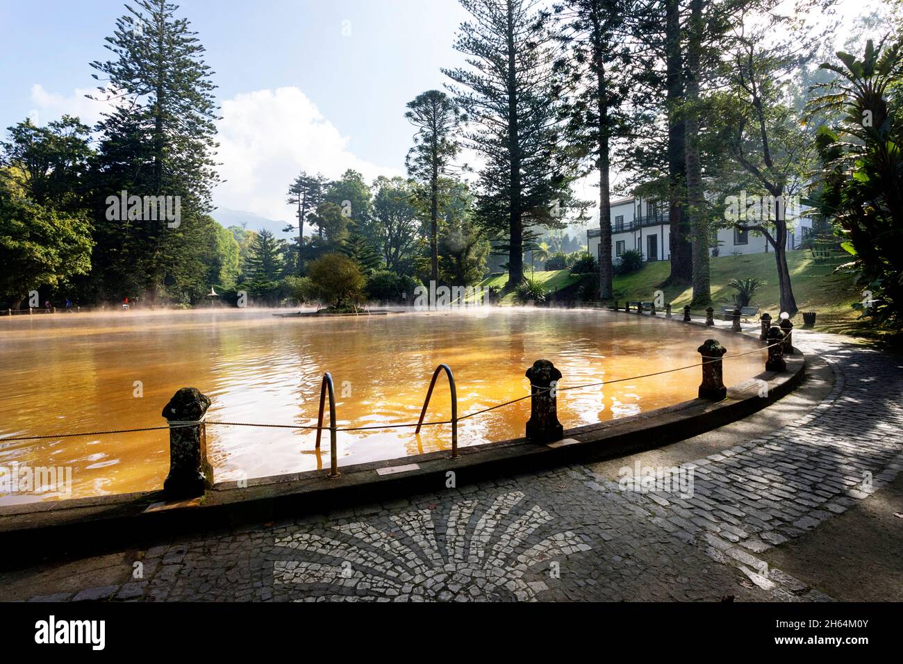 Natural hot spring at "Terra Nostra" garden where people swim in warm ...
