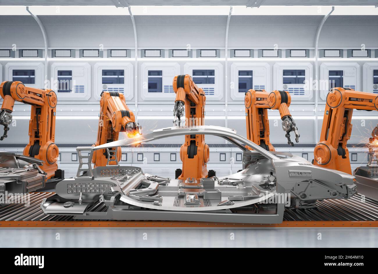 Automation aumobile factory concept with 3d rendering robot assembly ...