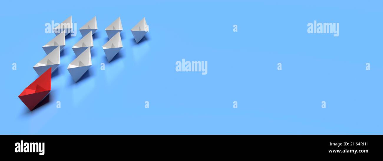 Leadership and business concept. One red leader ship leads other ships ...