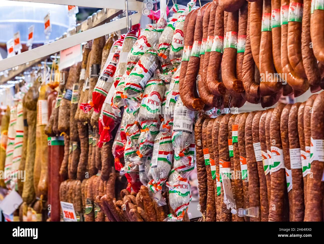 Budapest, Hungary - 10 October 2019: Pick salami in shop in the Great ...