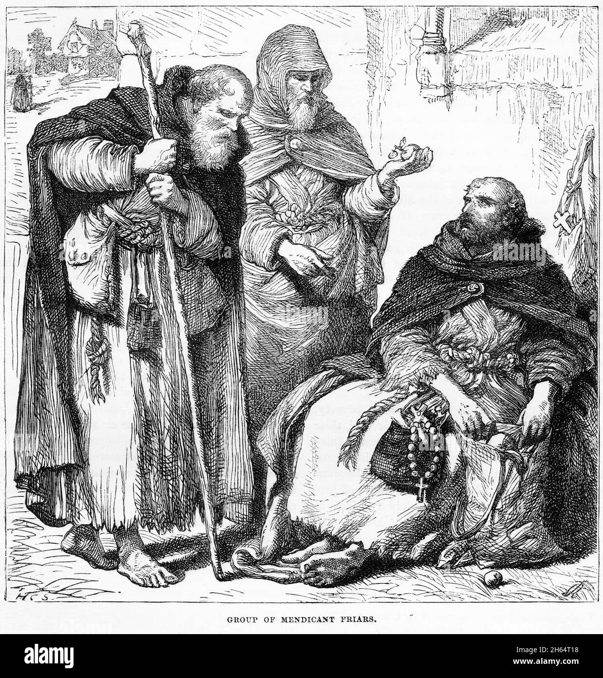 Engraving of a group of mendicant friars begging on the streets, circa ...