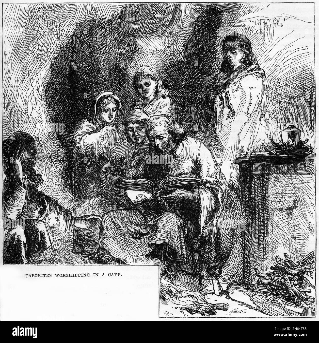 Engraving of Taborites, extremists of the Hussite movement, worshipping ...