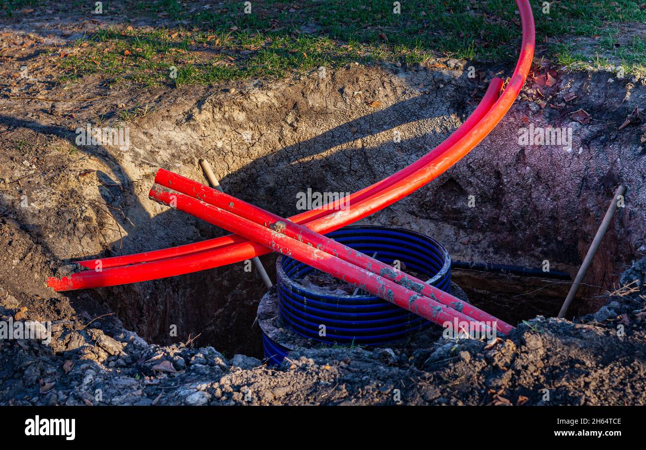 Moscow, Russia - November 06, 2021: laying power cable underground in ...
