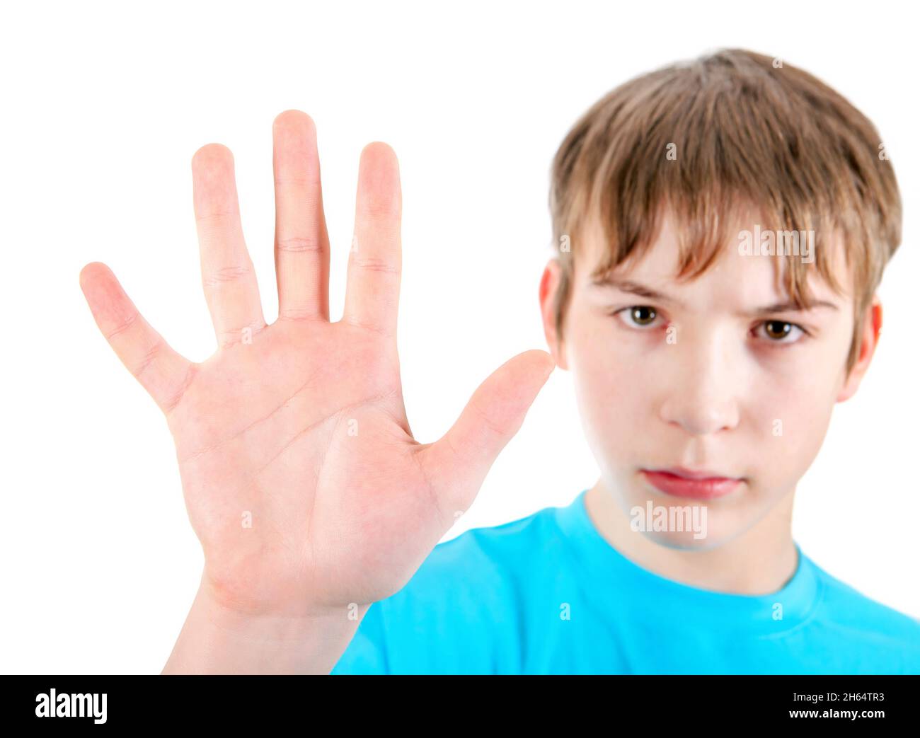 Kid show Stop hand gesture Focus on the Palm Stock Photo - Alamy