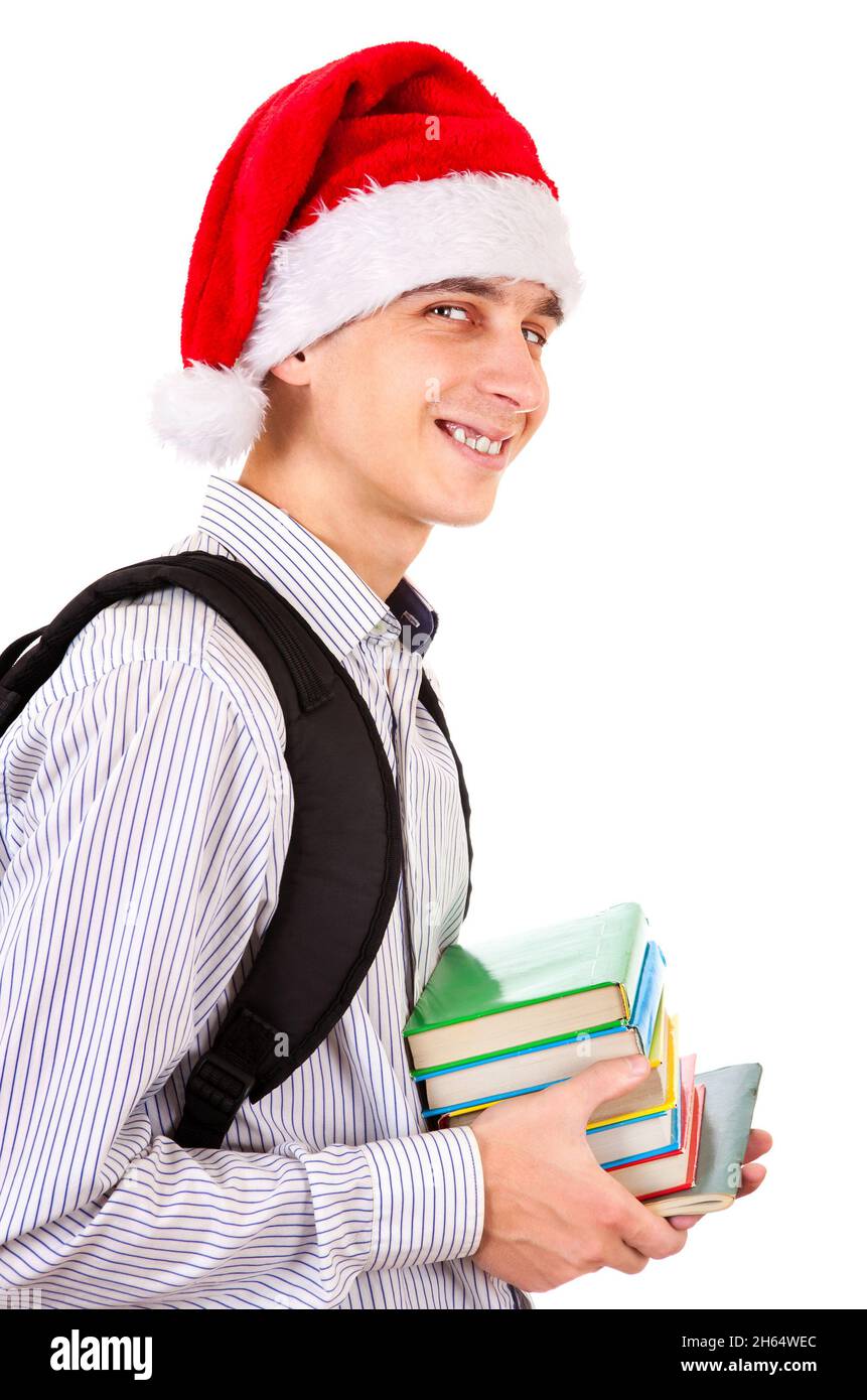 Student in Santa Hat with a Books on the White Background Stock Photo ...