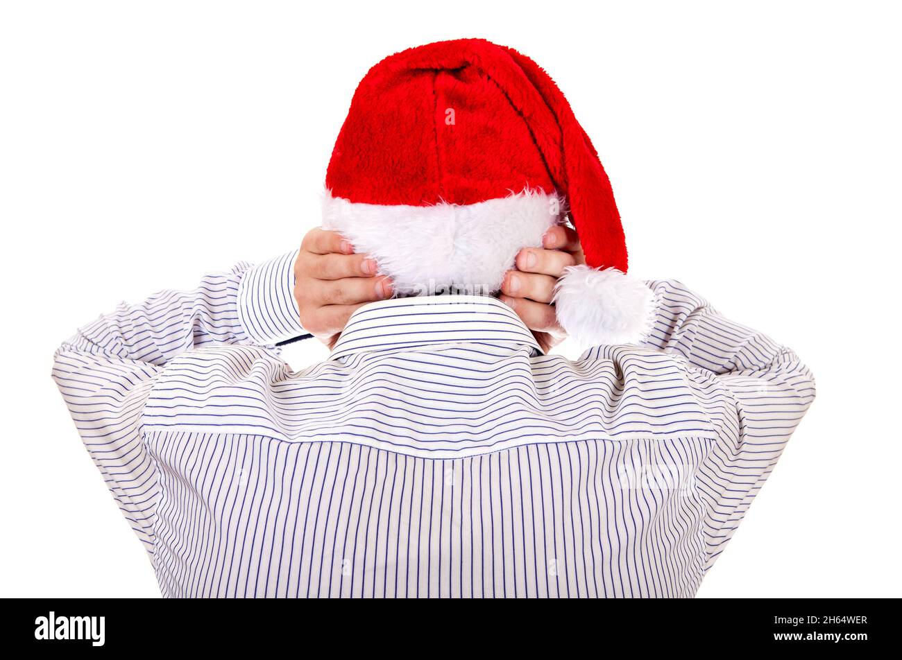 Rear View of Man in Santa Hat Covering his Ears on the White Background ...