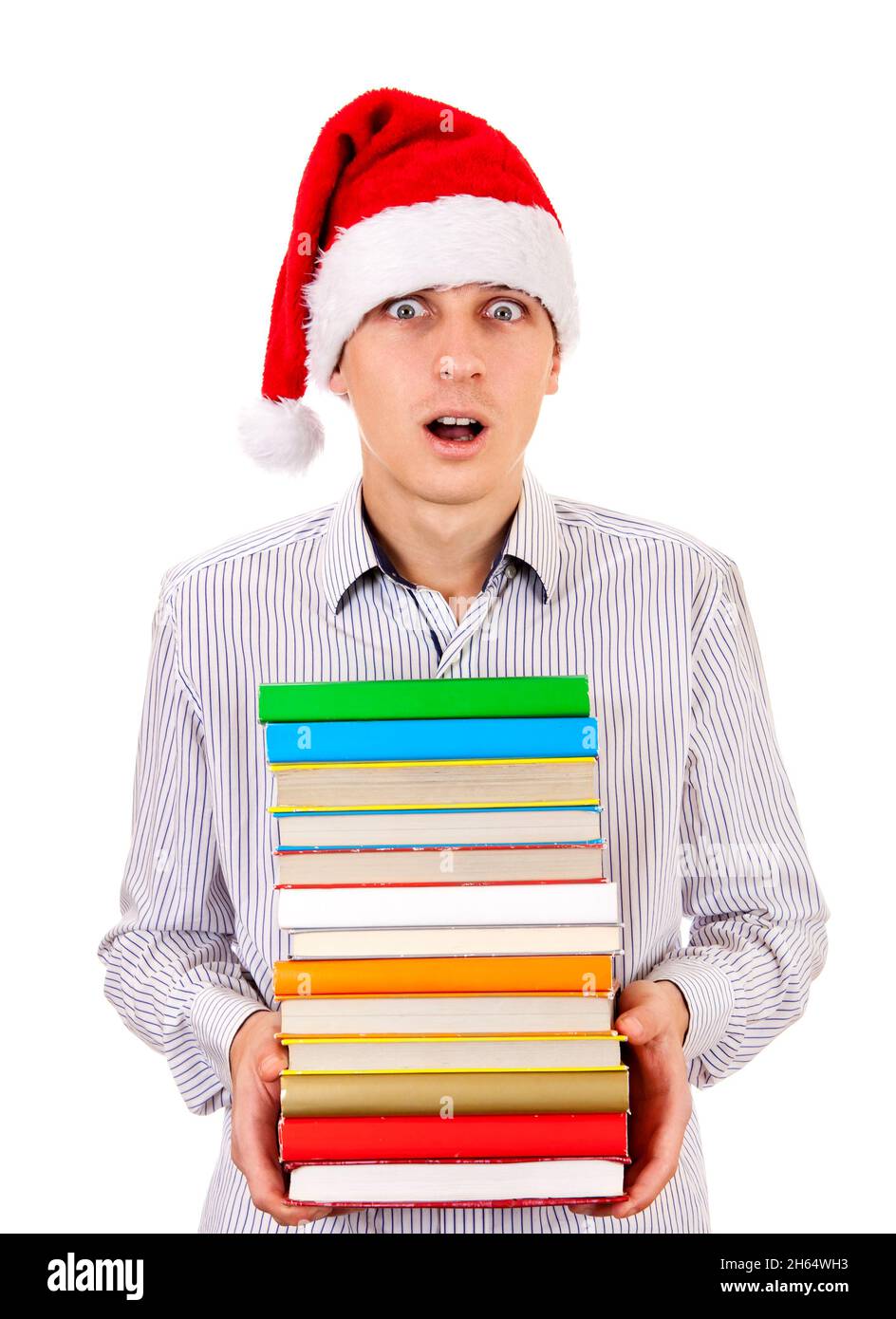 Surprised Student in Santa Hat with a Books on the White Background ...
