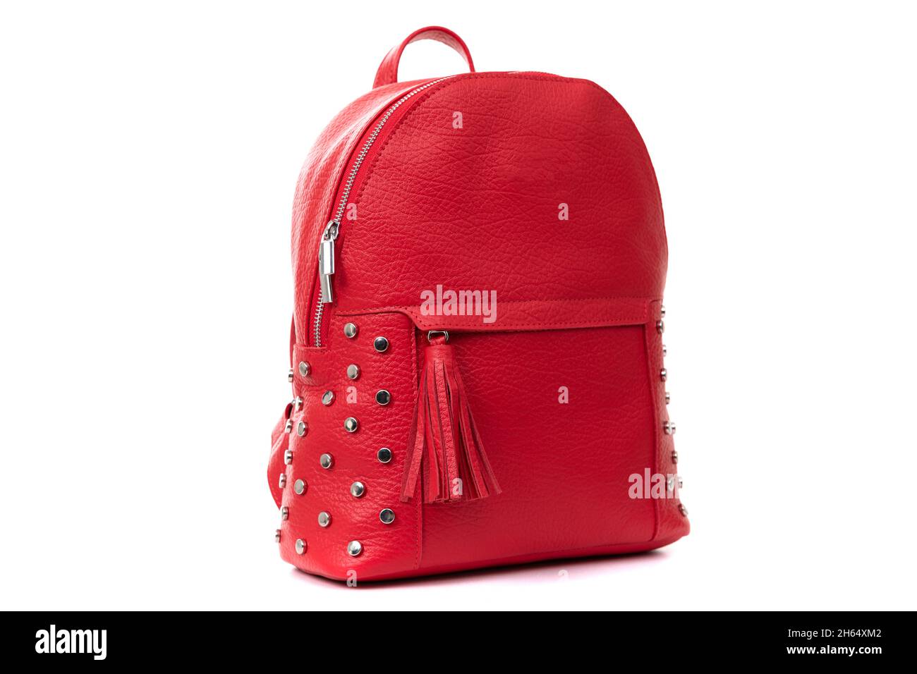 red backpack made of genuine leather on white isolated background Stock ...