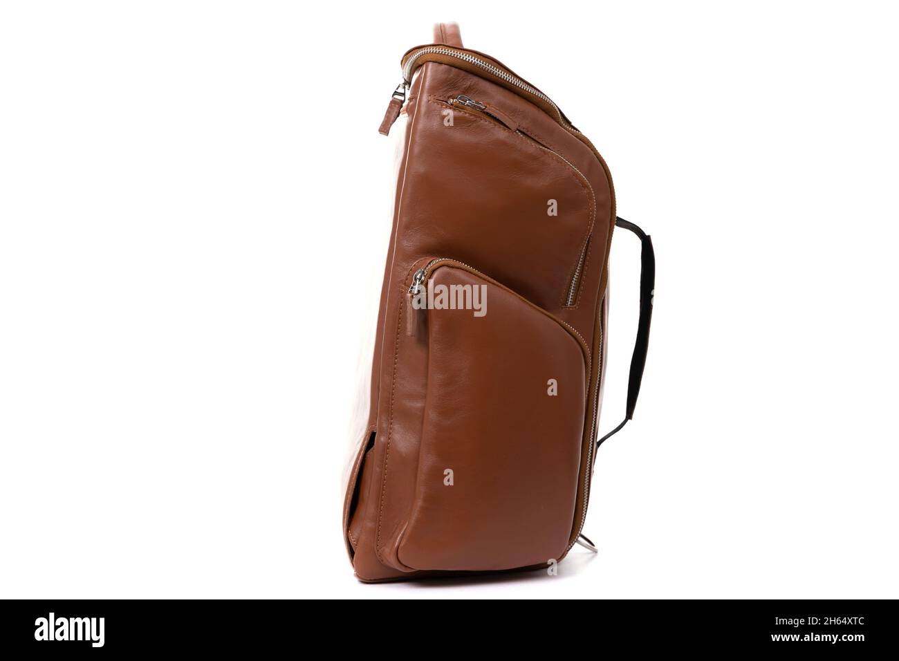 light brown backpack made of genuine leather on a white background ...