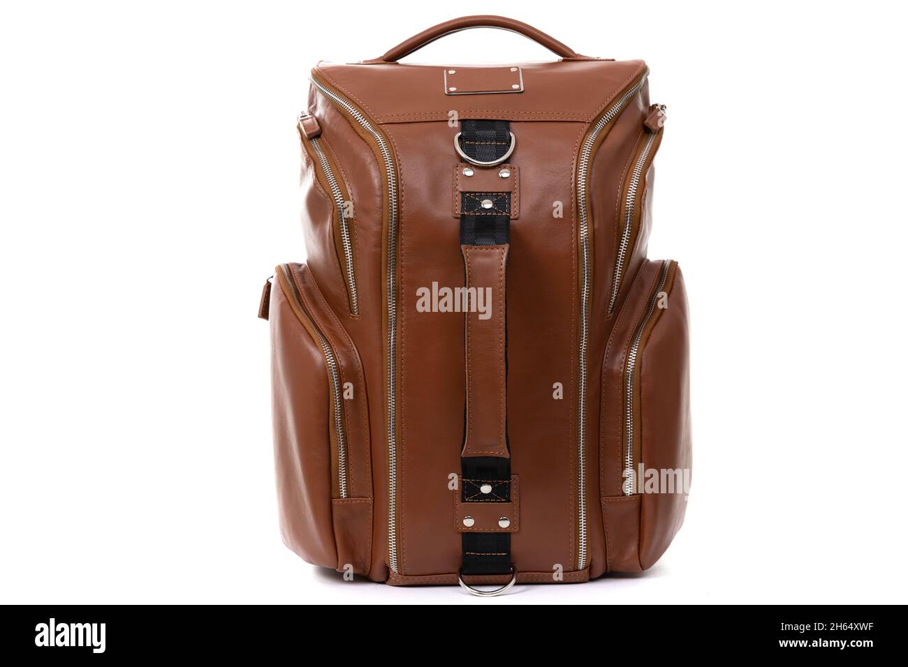 light brown stylish small leather backpack on a white background Stock ...