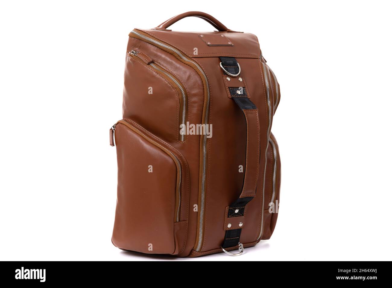 light brown backpack made of genuine leather on a white background ...