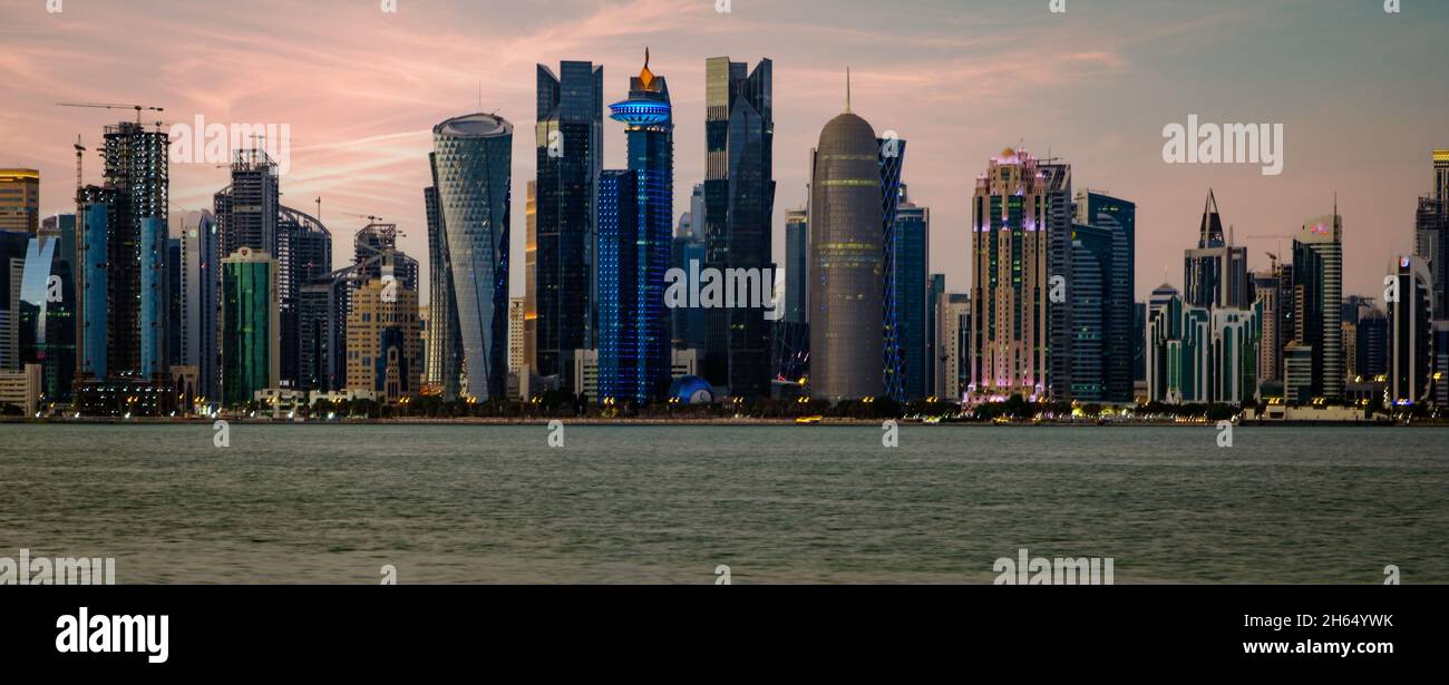 Doha skyline from Corniche daylight panoramic view showing West Bay ...