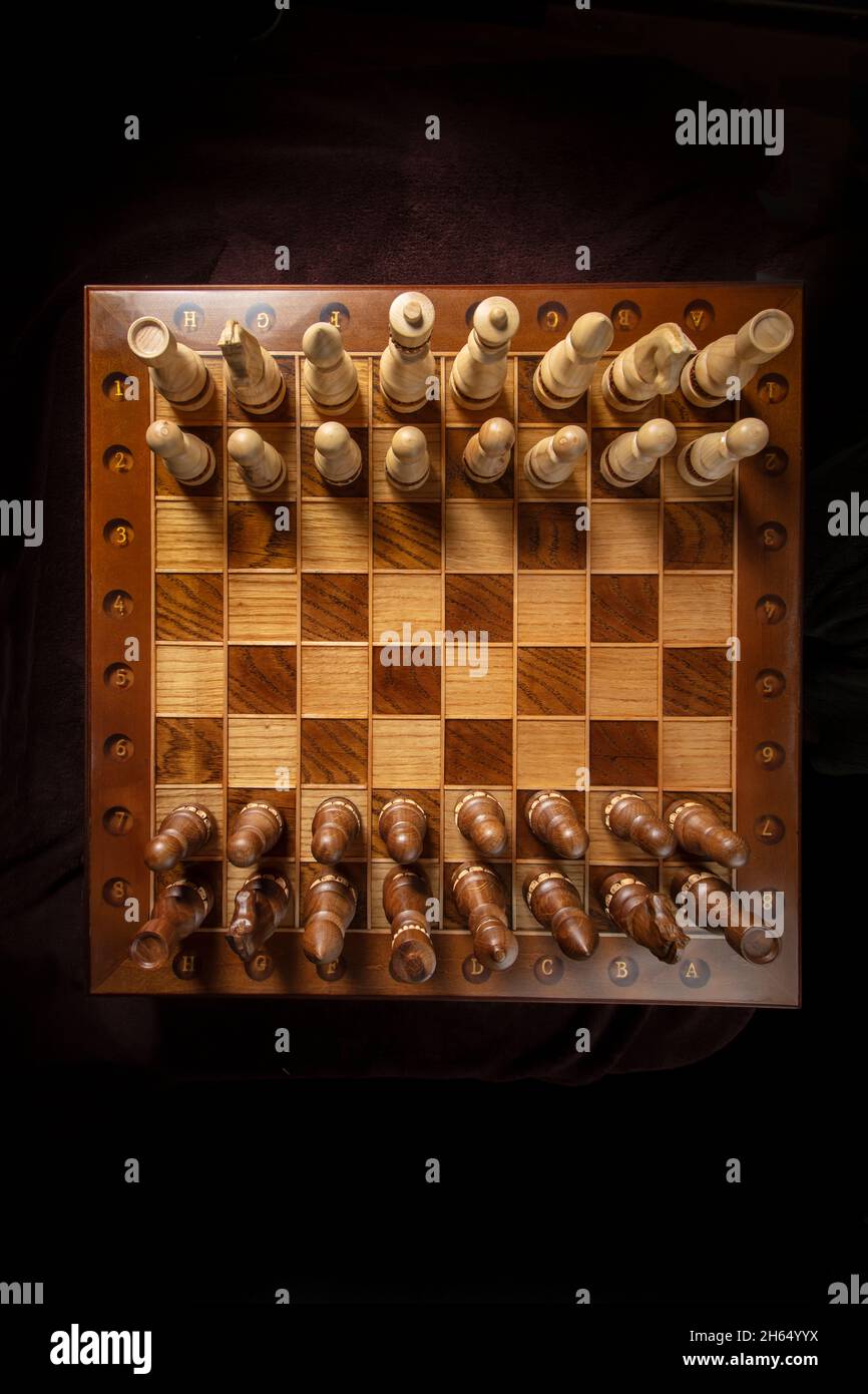 Chess pieces of wood on a beautiful chessboard. A puzzle game with ...