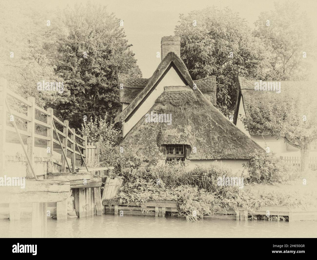 Pictorial image in monochrome of rural life and thatched cottages near ...