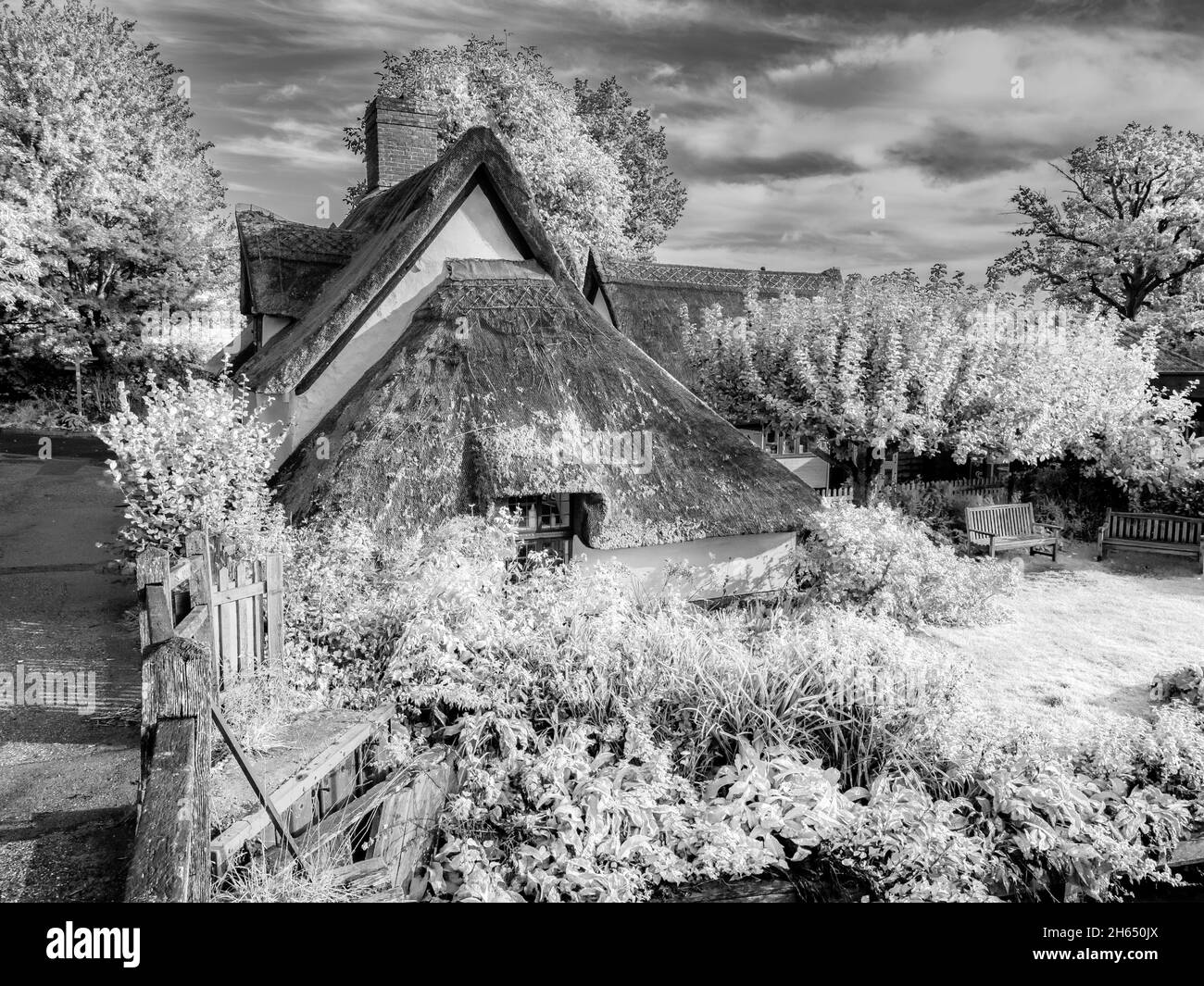Pictorial image in monochrome of rural life and thatched cottages near ...