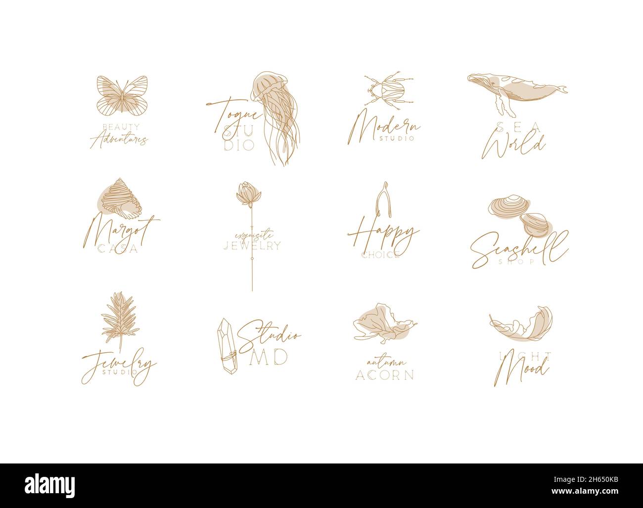 Flora and fauna Art Deco labels with lettering drawing on white ...