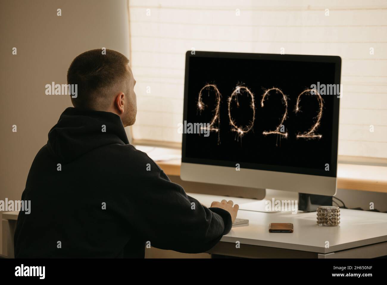 Remote work. A back view of a businessman works remotely using an all ...