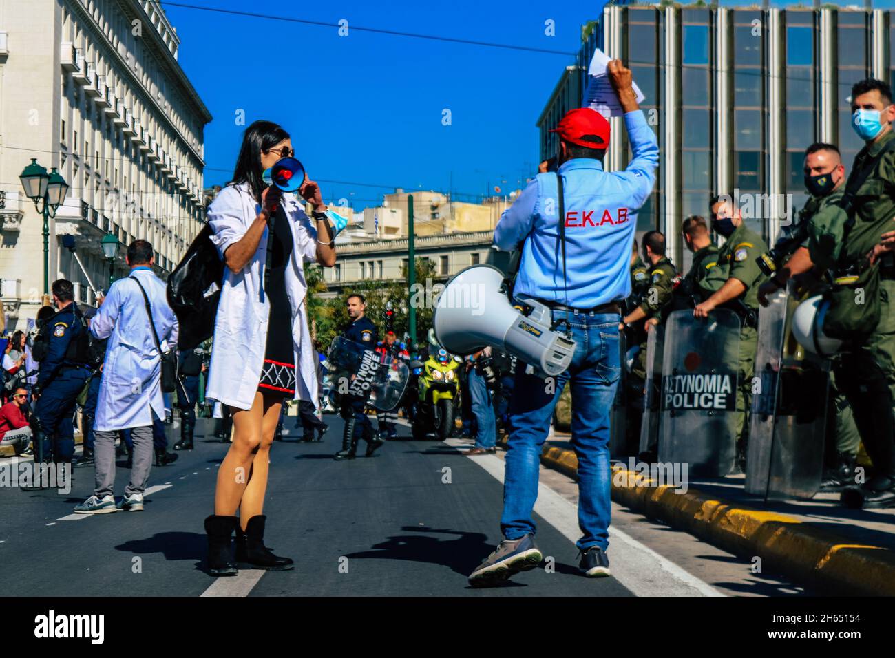 Athens, Greece - November 03, 2021 Police and protester face to face ...
