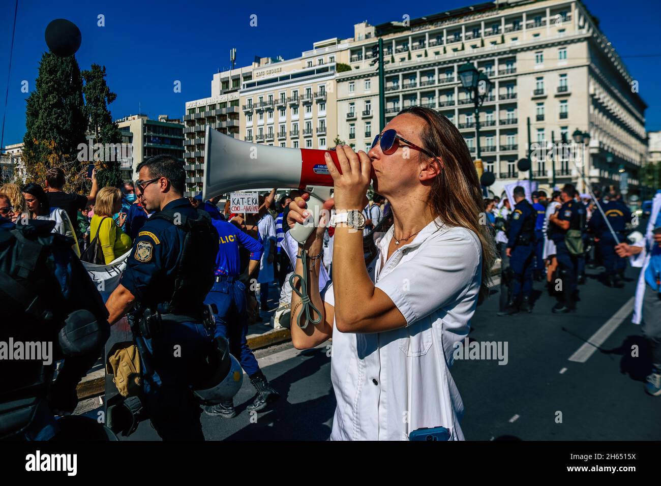 Athens, Greece - November 03, 2021 Police and protester face to face ...