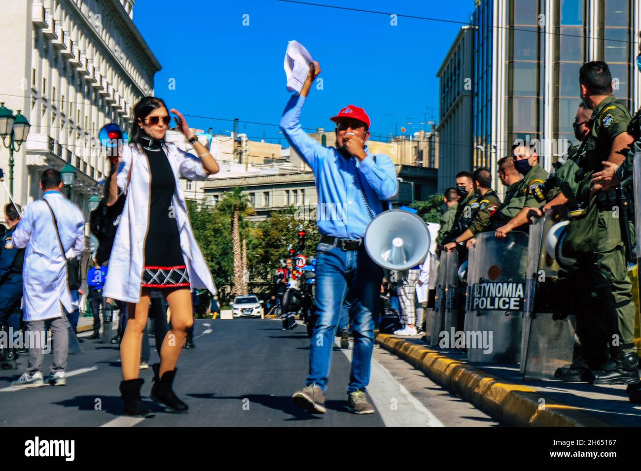Athens, Greece - November 03, 2021 Police and protester face to face ...