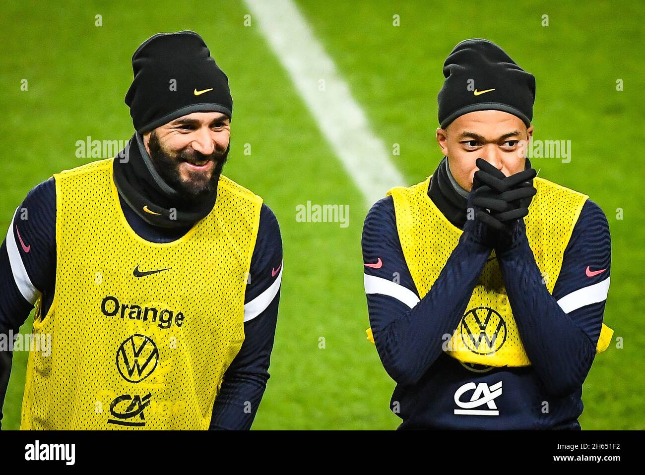 Karim BENZEMA of France and Kylian MBAPPE of France during the press ...