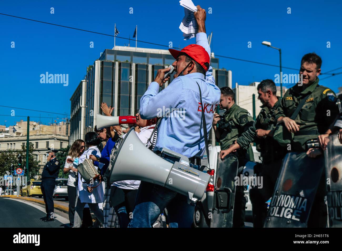 Athens, Greece - November 03, 2021 Police and protester face to face ...