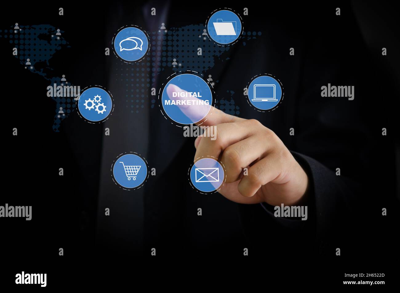 Hand touching digital virtual screen marketing concept icon business ...