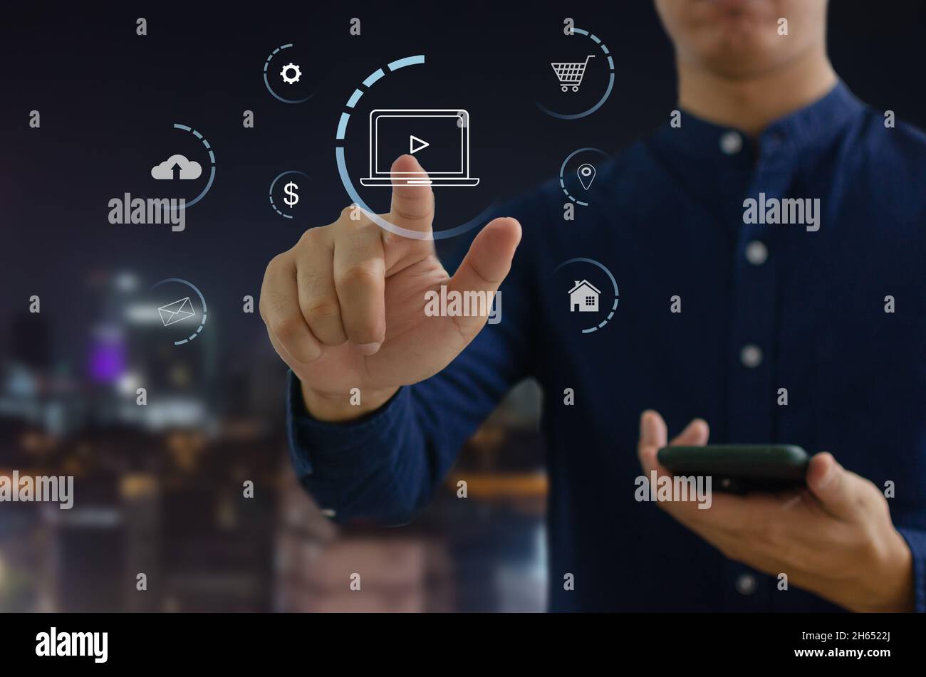 Hand touching digital virtual screen marketing concept icon business ...