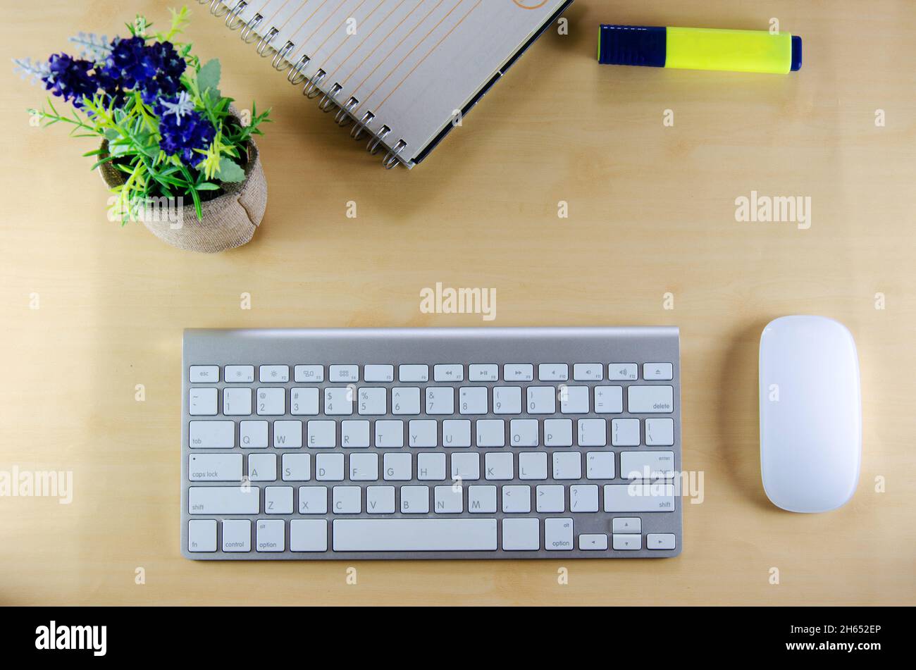 Office table with notepad, computer. View from above.F Stock Photo - Alamy