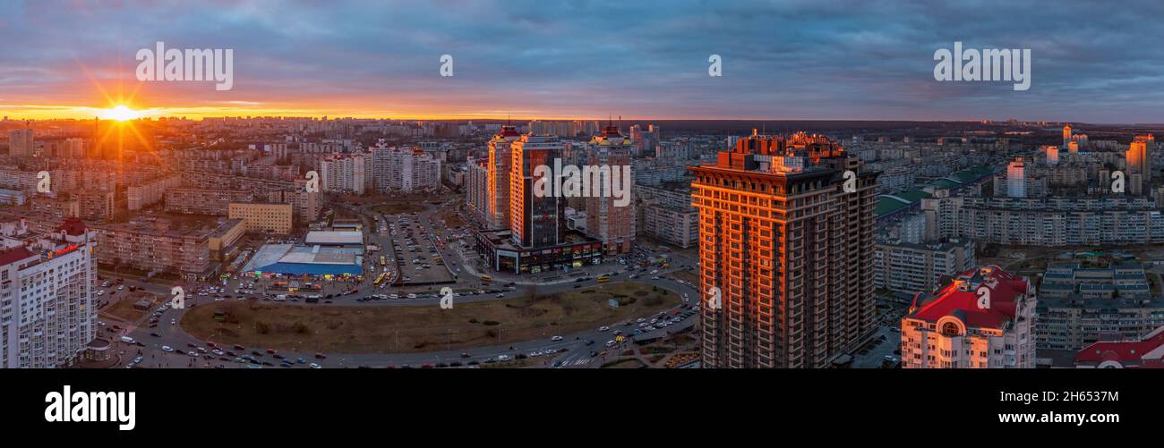 The setting sun illuminates one of the districts of Kiev, Ukraine Stock ...