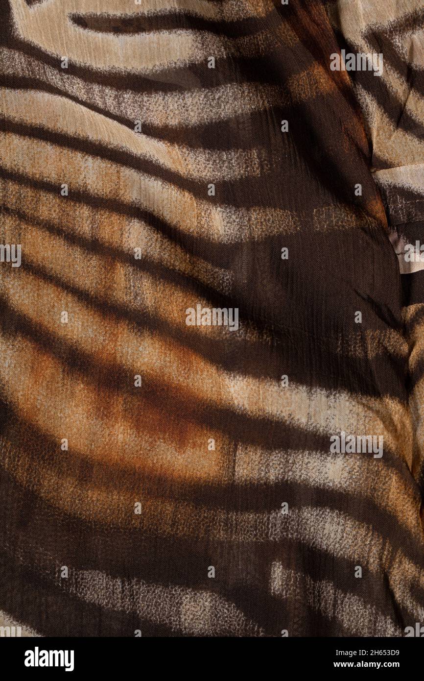 Cloth with a print of tiger stripes close-up. Drawing on the fabric of ...