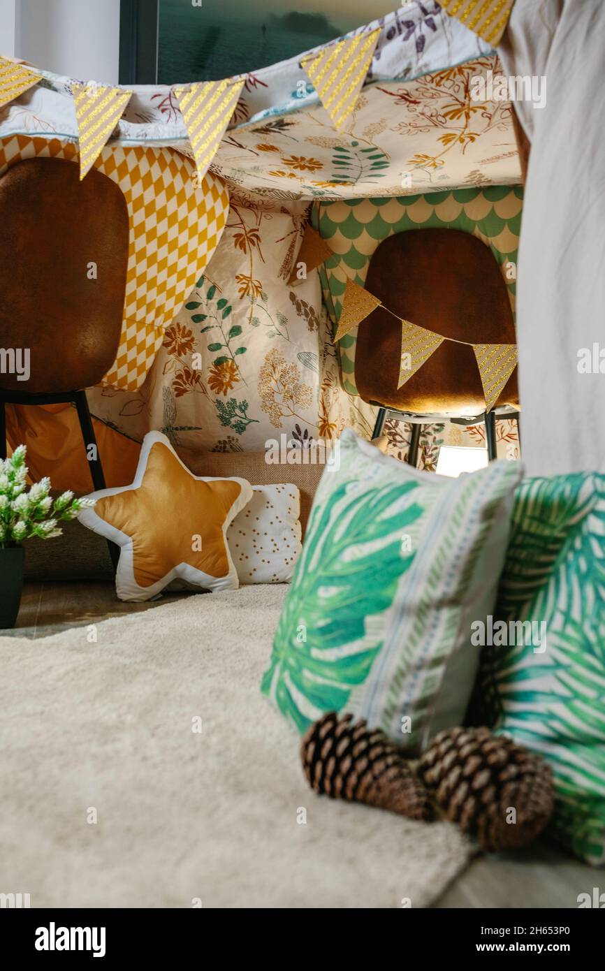 Interior of homemade tent at home Stock Photo - Alamy