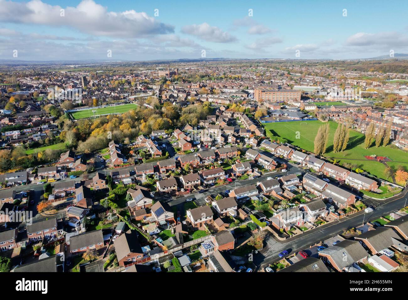 Aerial view of traditional housing estate in England. Looking down ...