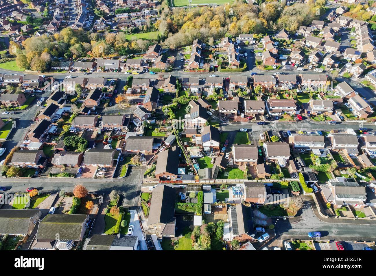 Aerial view of traditional housing estate in England. Looking down ...
