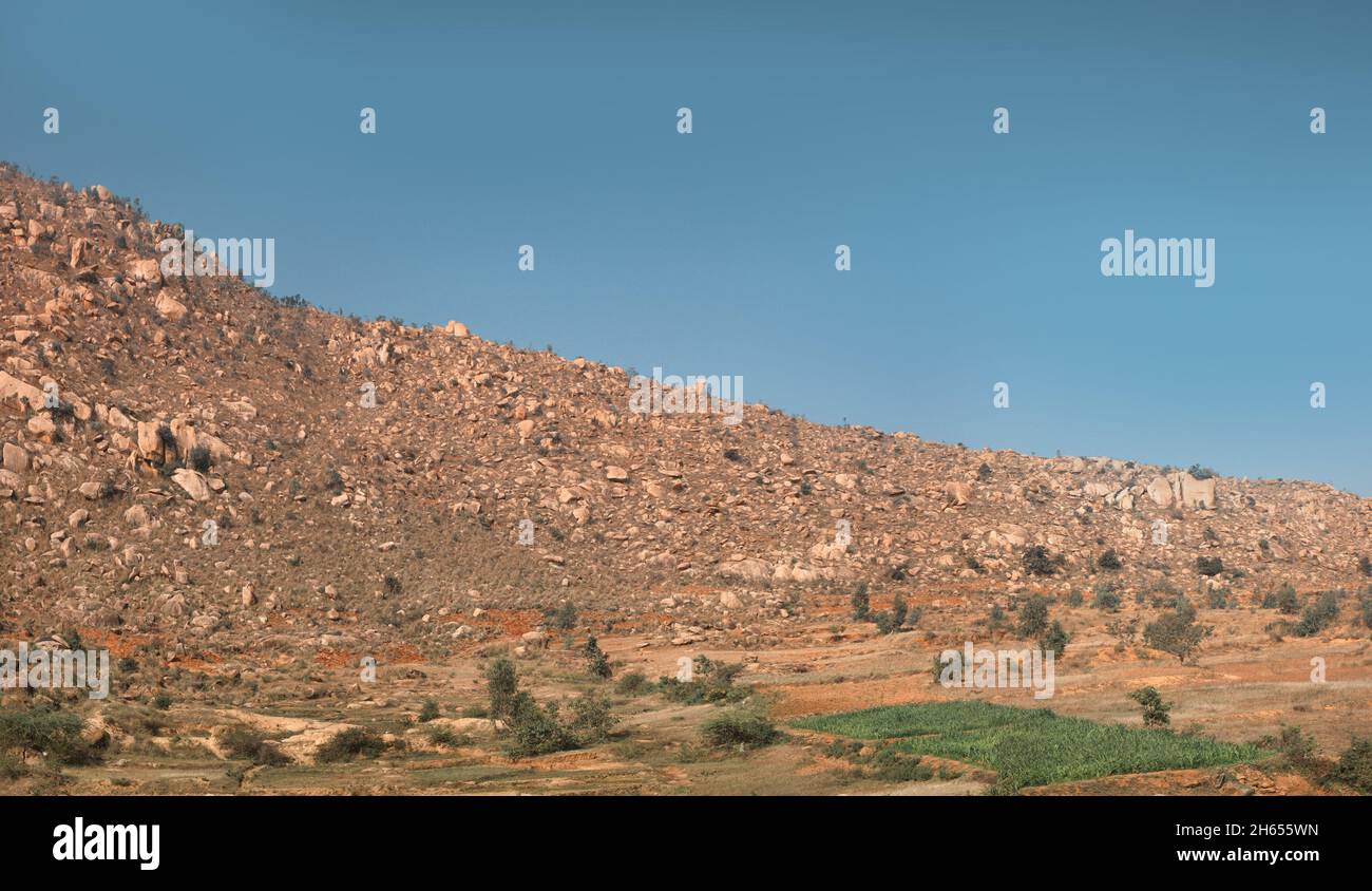Dry hills and fields in the area of the Deccan plateau, India Stock ...