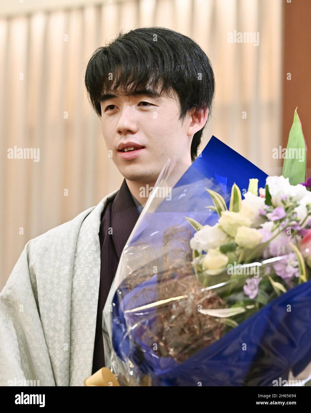 Ube, Japan. 13th Nov, 2021. Teenage shogi player Sota Fujii poses at a ...