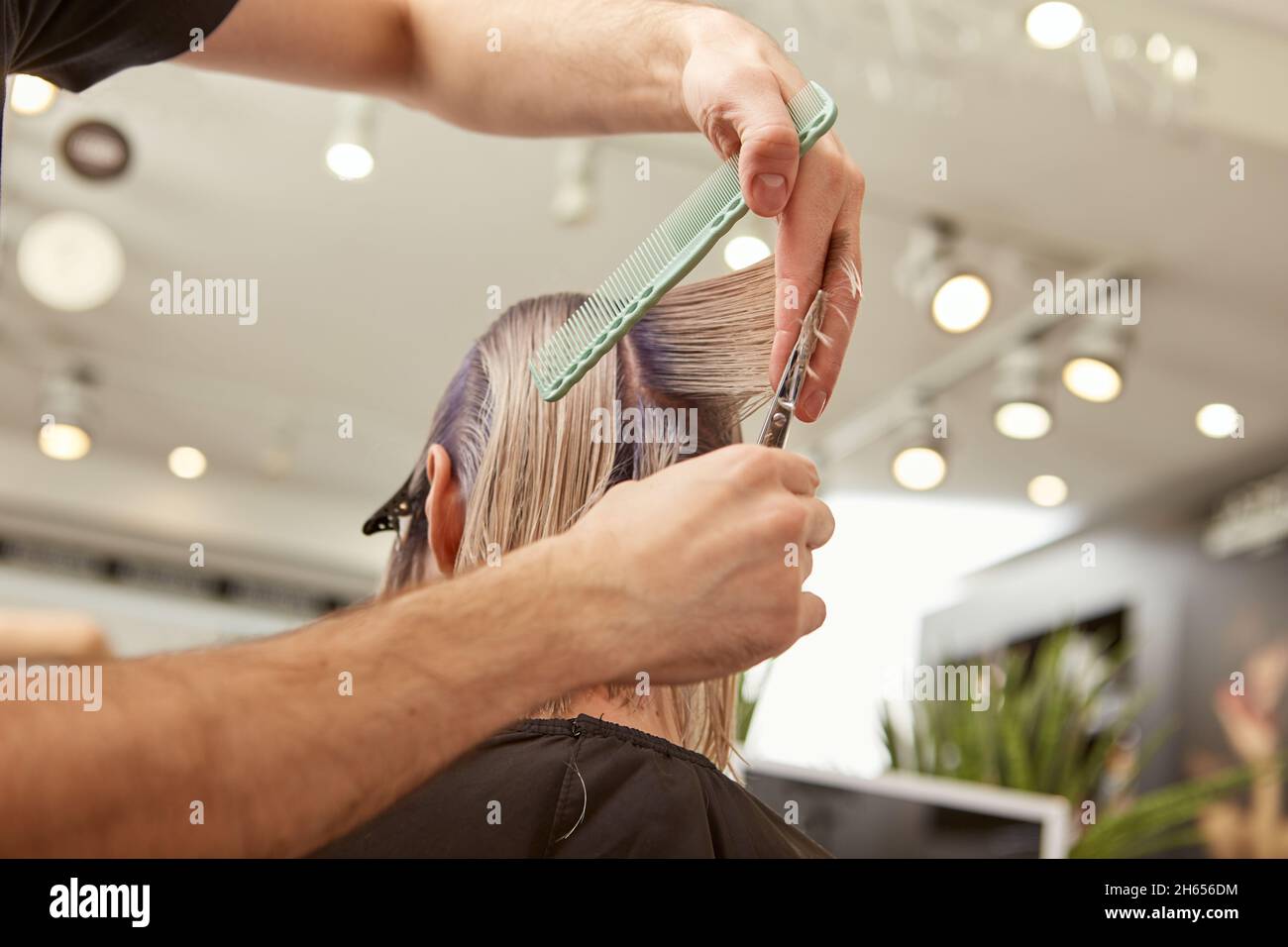 Blonde young woman getting haircut in beauty salon Stock Photo - Alamy
