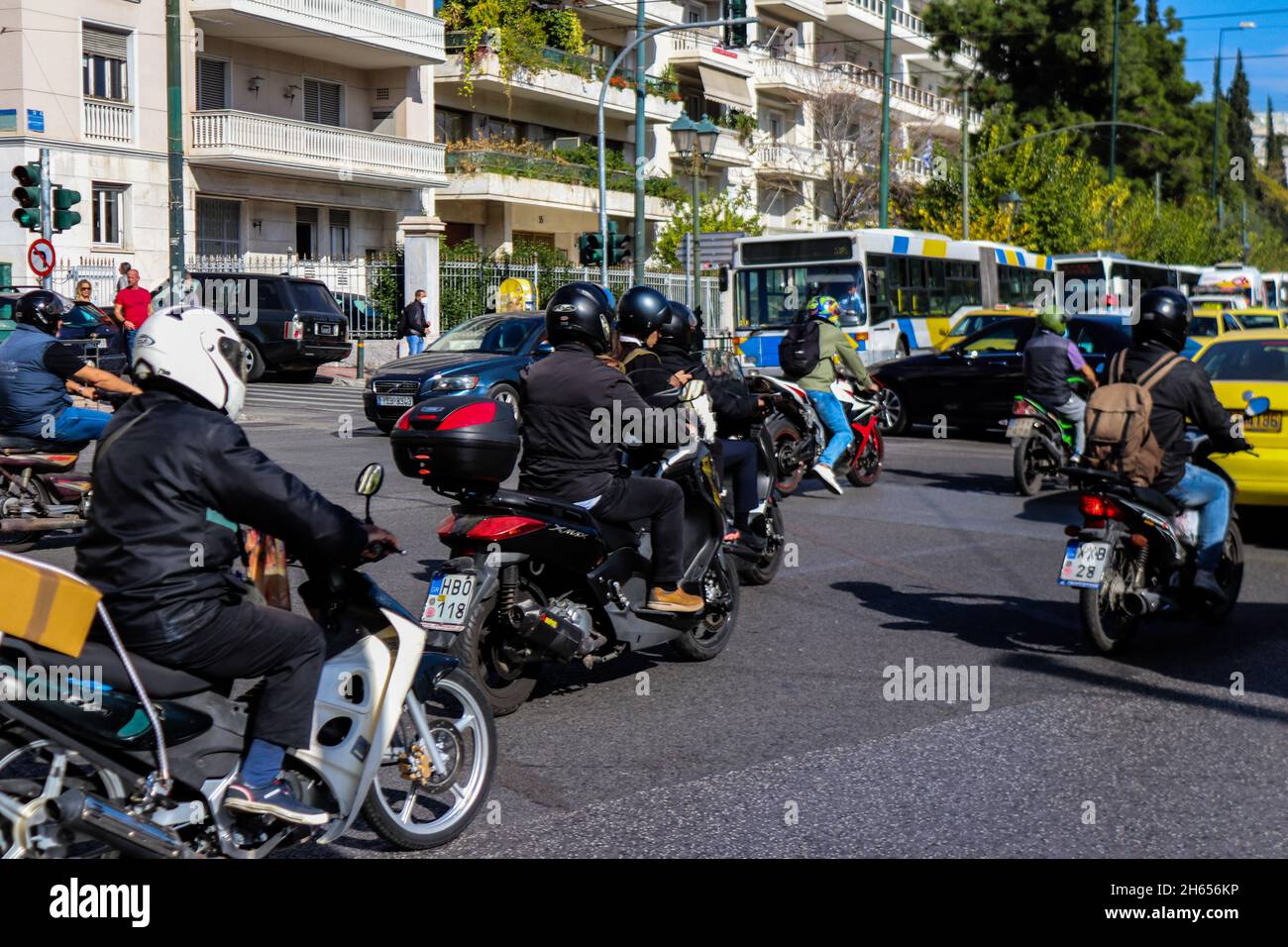 Athens, Greece - November 06, 2021 Traffic jam in downtown of Athens ...
