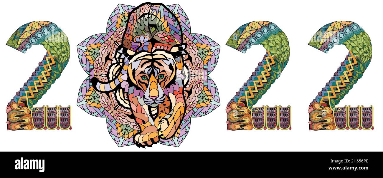 Hand drawn zentangle tiger number 2022 for t-shirt and other ...