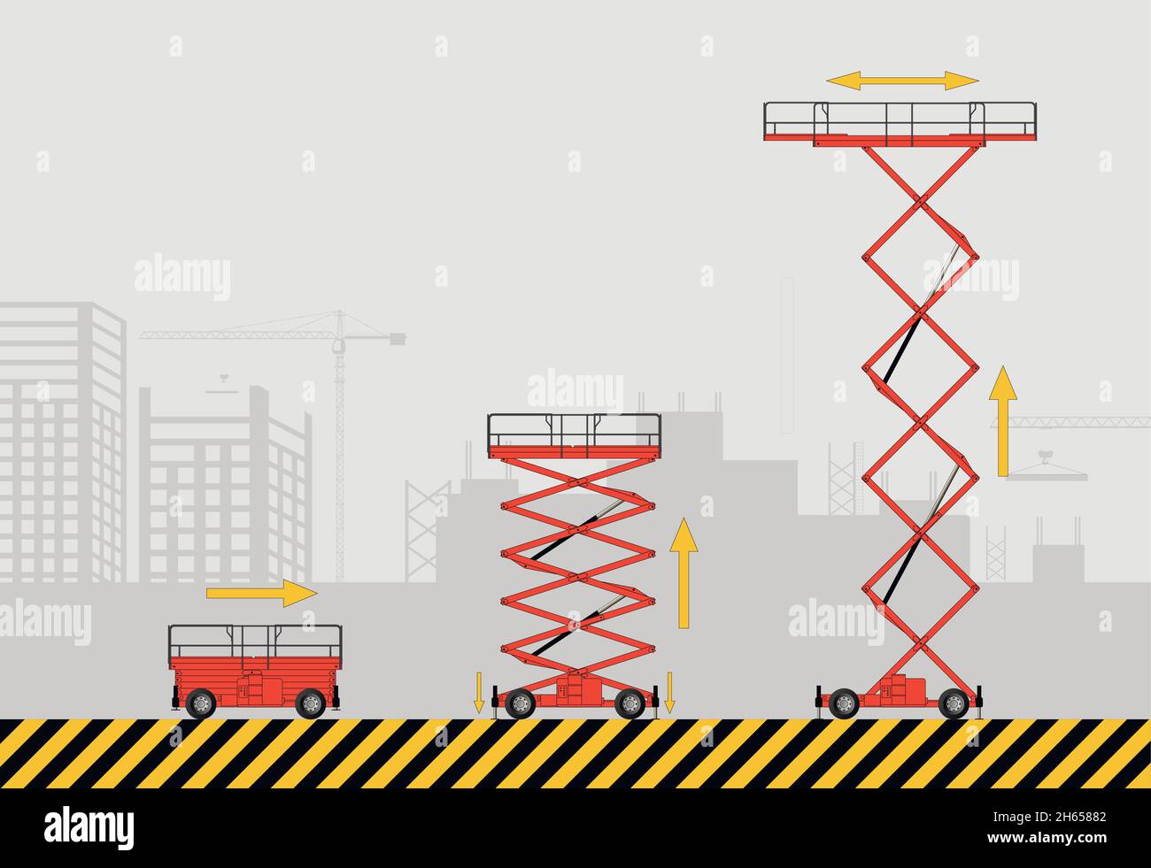 Set of scissors lifting platform on the background of the construction ...