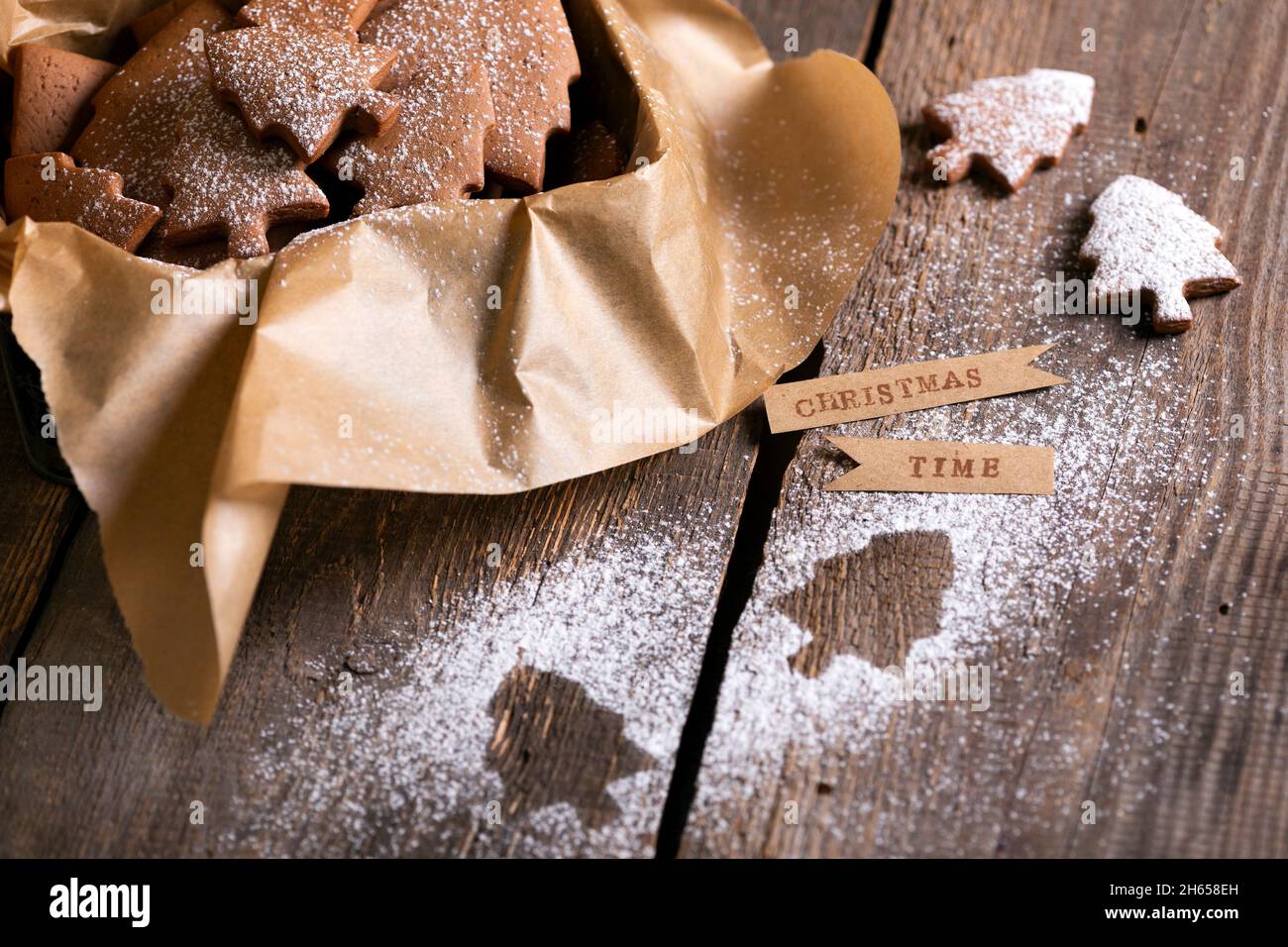 gift box with ginger cookies and cones close up. christmas still life ...