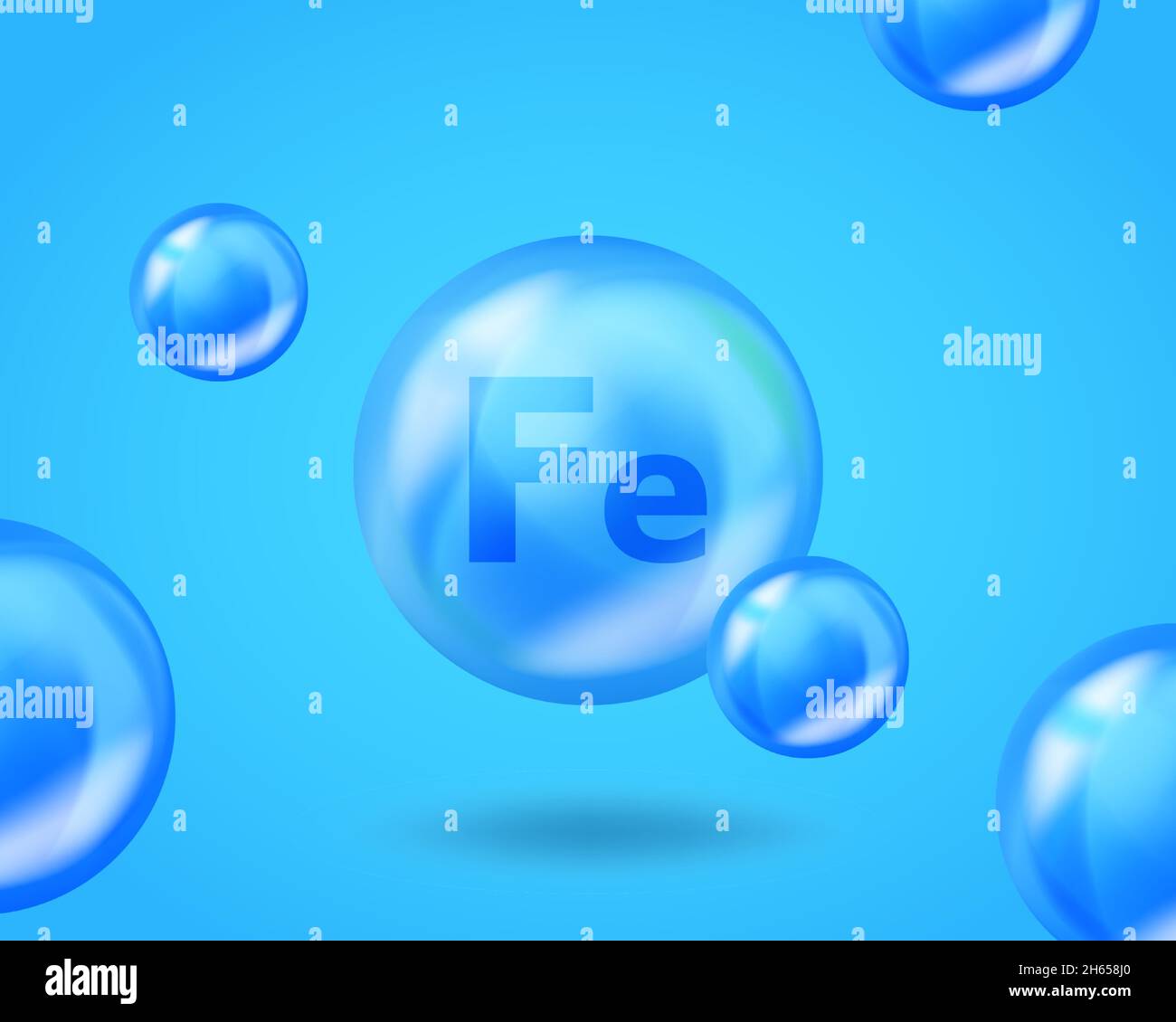 3D Mineral Fe Iron drop pill capsule. Blue nutrition design for beauty ...