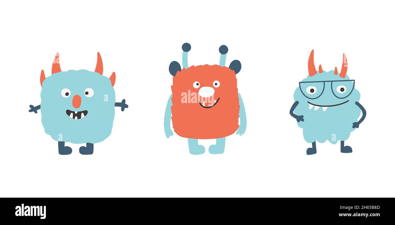 Collection of cute cartoon characters monsters in simple hand-drawn ...