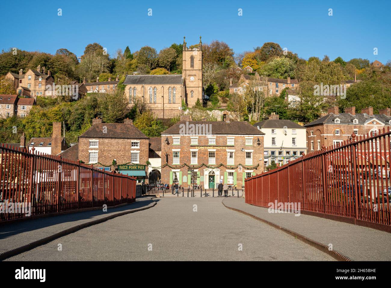 Autumn view of Ironbridge village town from the historic iron bridge ...