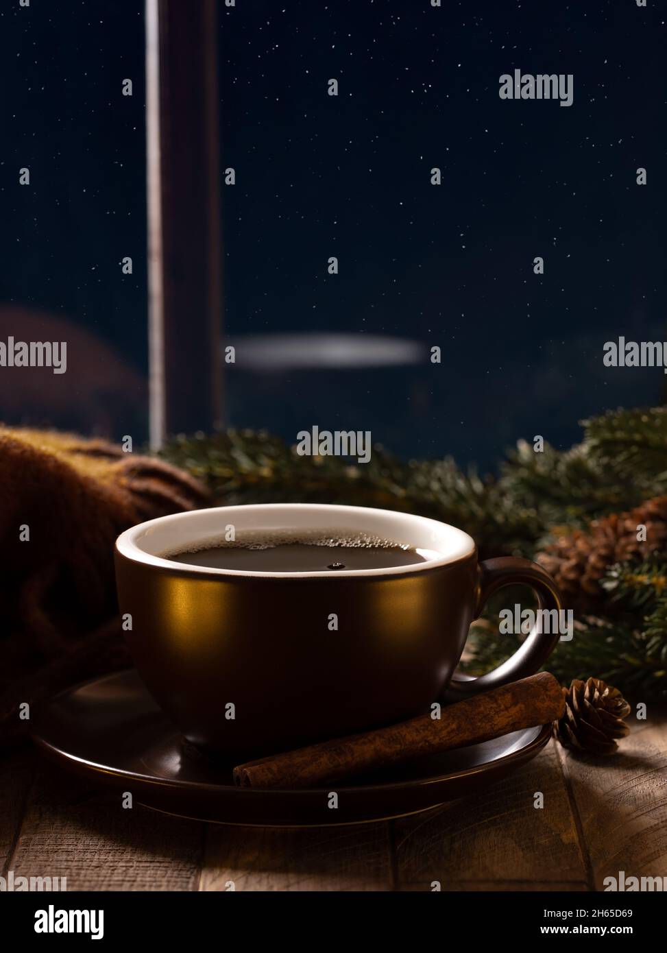 Hot cup of coffee by a window with stary night sky in background Stock ...